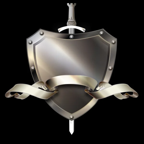 Medieval shield with scroll and swords on black background. — Stock ...
