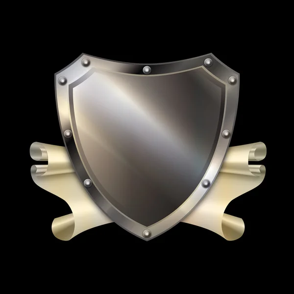 Medieval shield with scroll on black background. Stock Illustration by ...