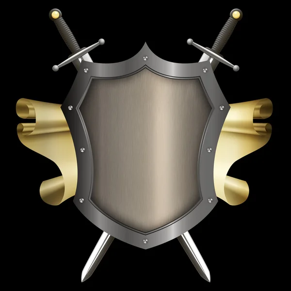 Medieval shield with scroll and swords on black background. — Stock ...
