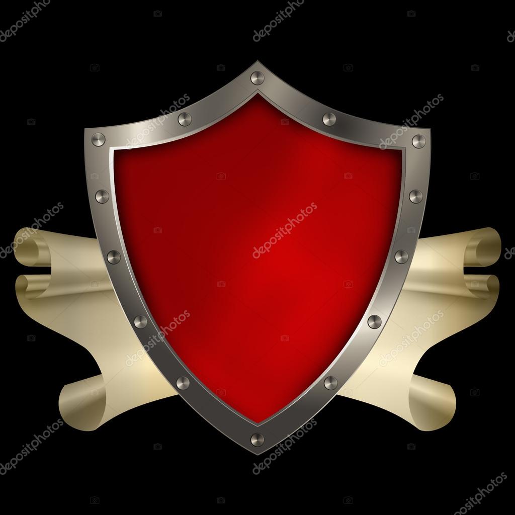 Medieval shield with scroll on black background. Stock Illustration by ...