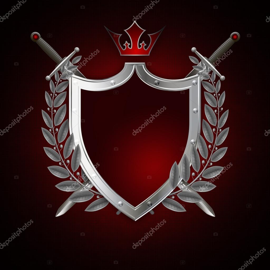 Heraldic shield with swords and silver laurel branch. Stock Photo by ...