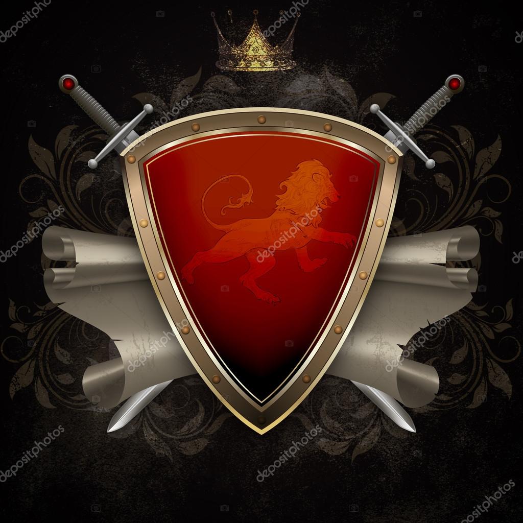 Ancient shield with swords and scroll. — Stock Photo © ke77kz #68524491