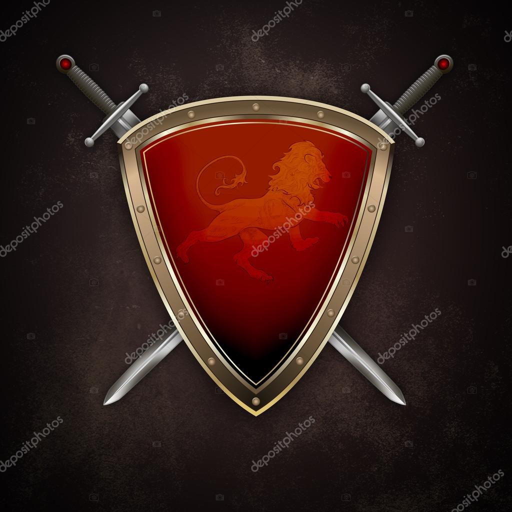 Ancient shield with swords and scroll. — Stock Photo © ke77kz #68524553
