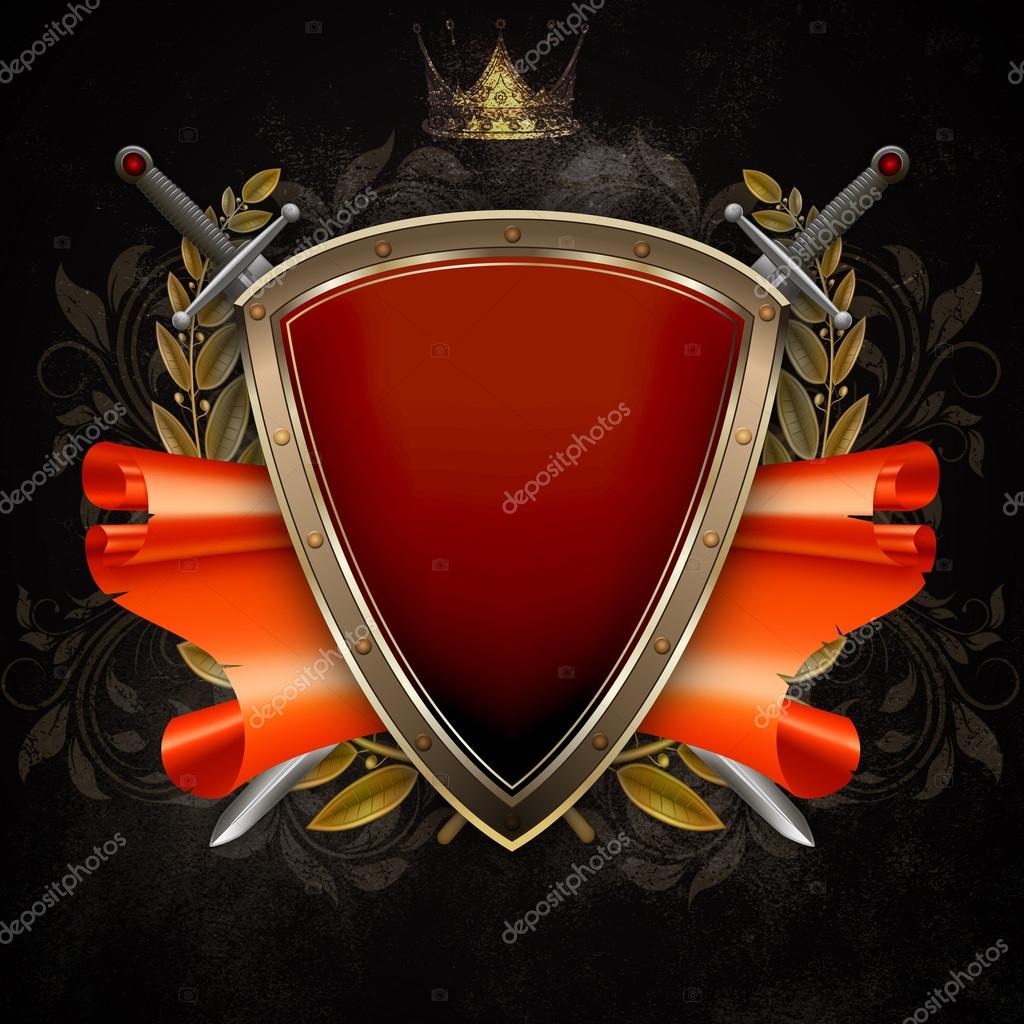 Ancient shield with swords and scroll. — Stock Photo © ke77kz #68524959