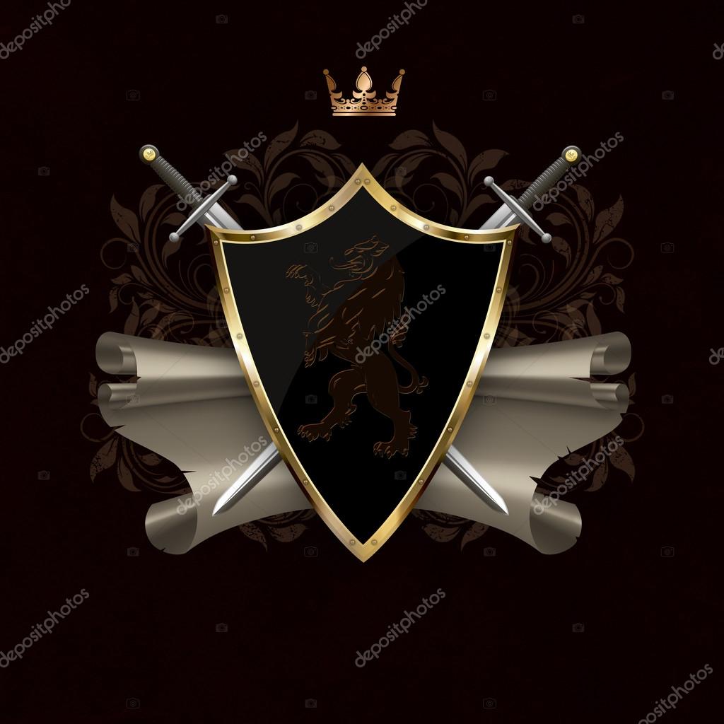 Ancient shield with heraldic lion, scroll and swords. — Stock Photo ...