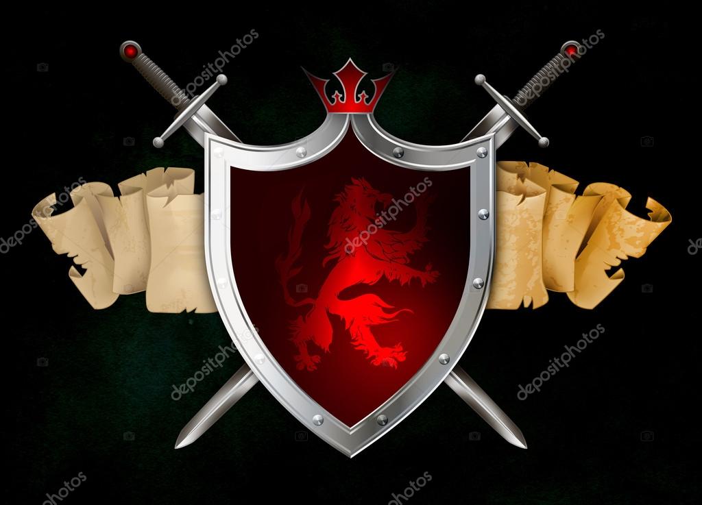 Escudo medieval de plata con espadas y elementos heráldicos. 2023