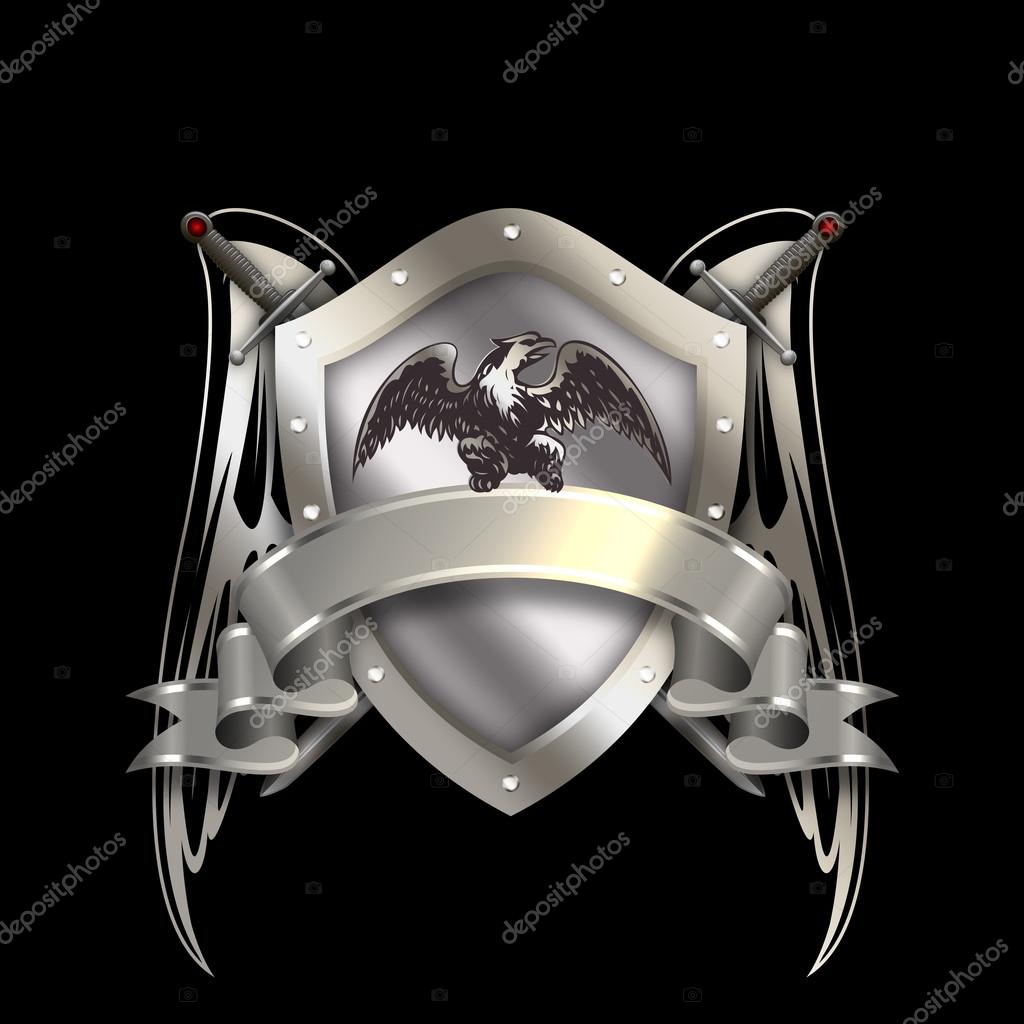 Heraldic shield with silver ribbon and swords. Stock Photo by ©ke77kz ...