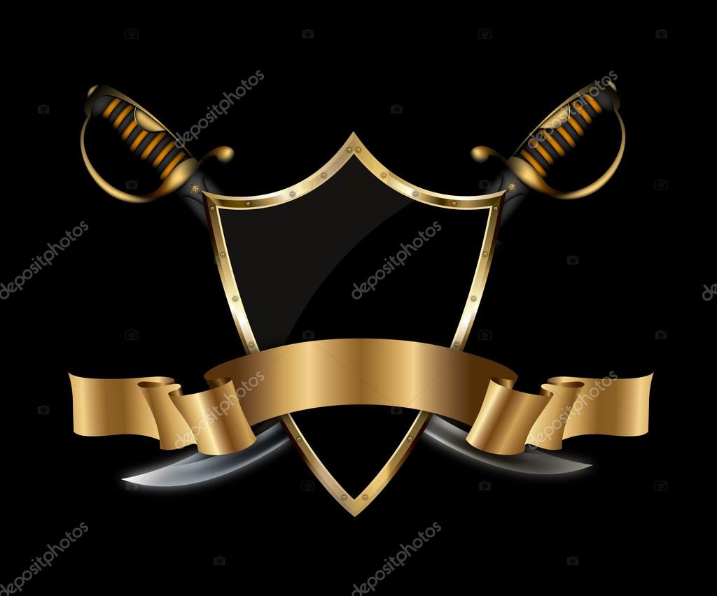 Medieval shield with sabers and gold ribbon. — Stock Photo © ke77kz ...