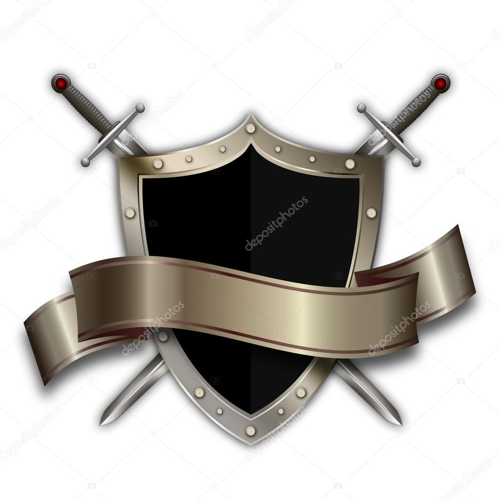 Heraldic shield with ribbon and swords. — Stock Photo © ke77kz #89783468