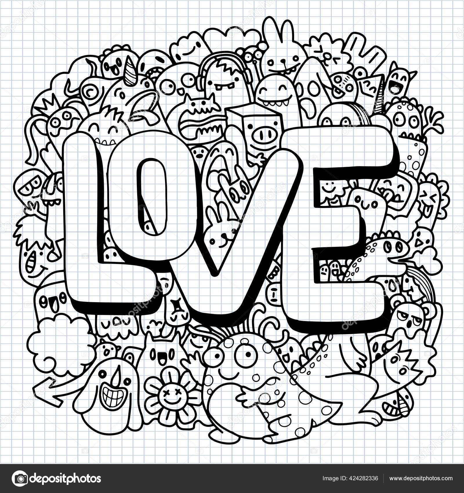 Hand Drawn Vector Illustration Doodle Kawaii Doodle Monsters Love ...