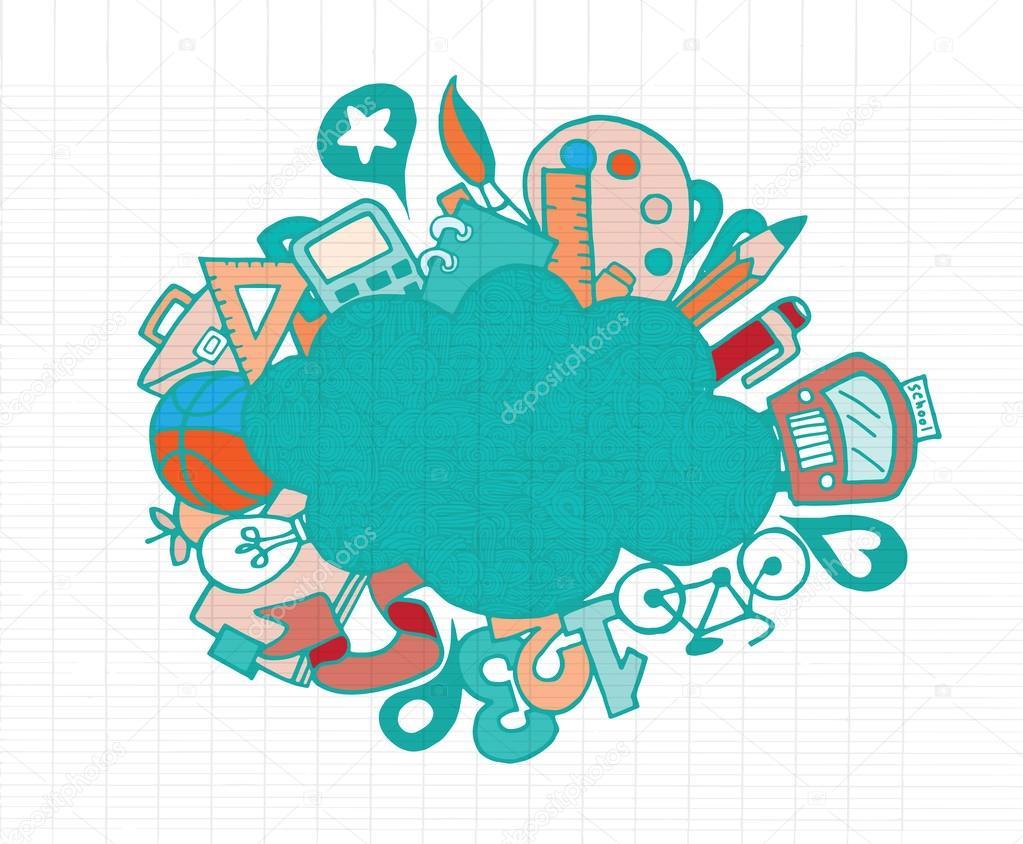 Freehand dibujar artículos de la escuela en una hoja de cuaderno de la ...