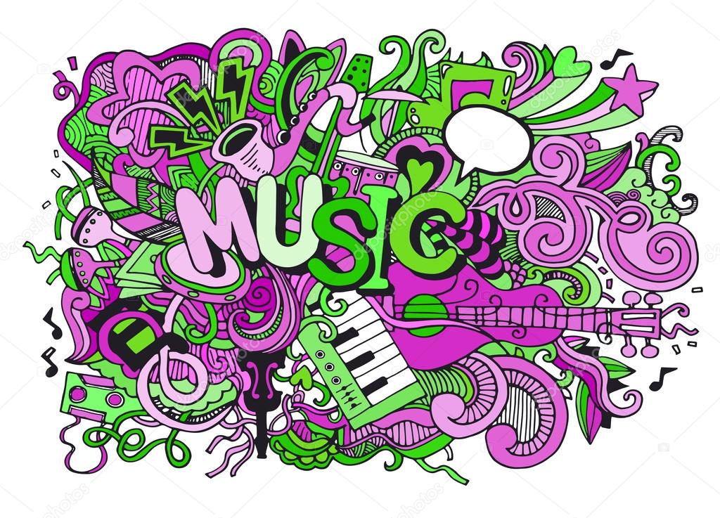 Music Background ,Collage with musical instruments.Hand drawing Stock ...