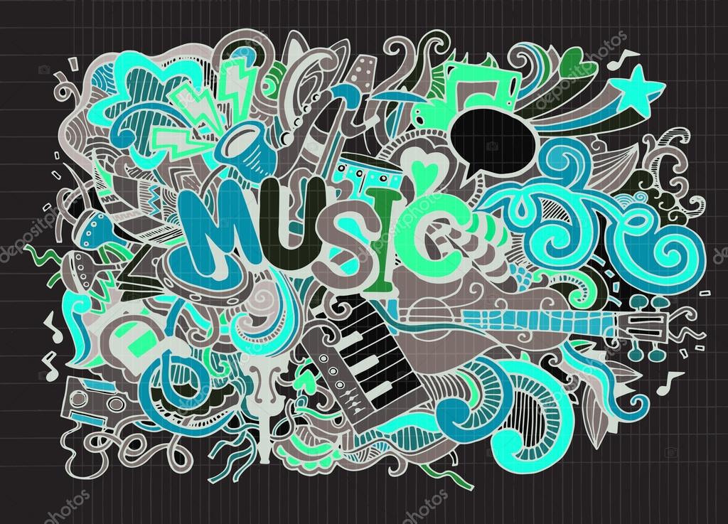 Music Background ,Collage with musical instruments.Hand drawing Stock ...