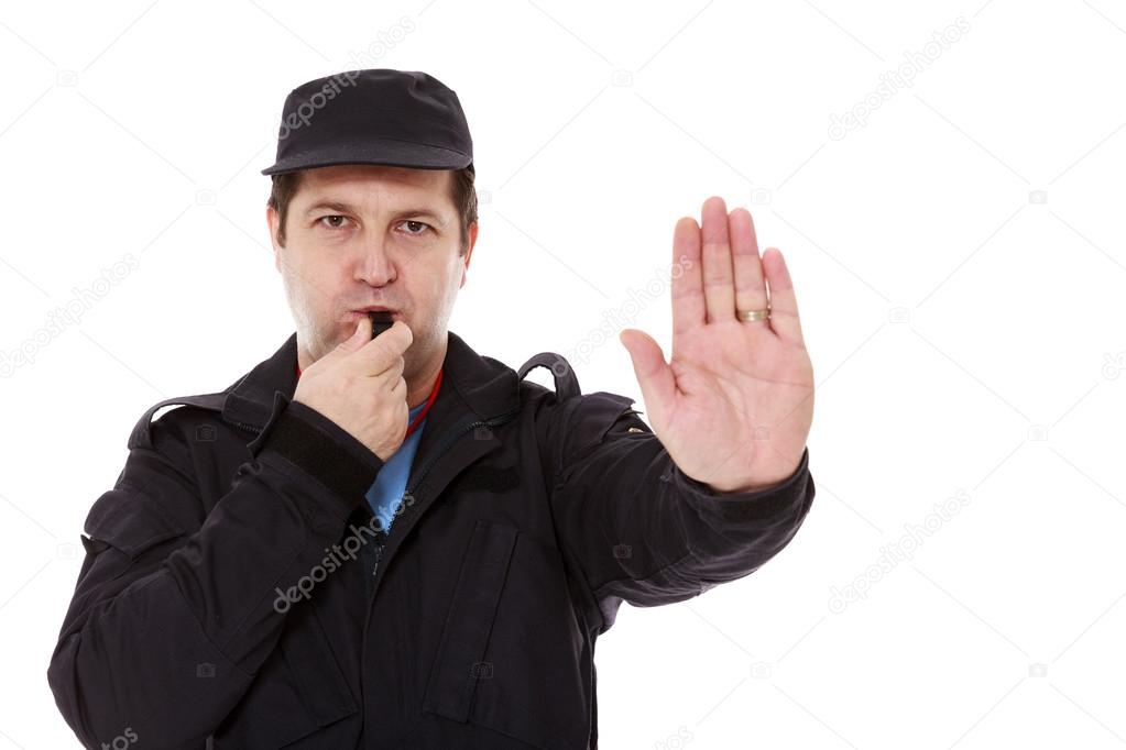 Security officer making the stop sign. white background Stock Photo by ...