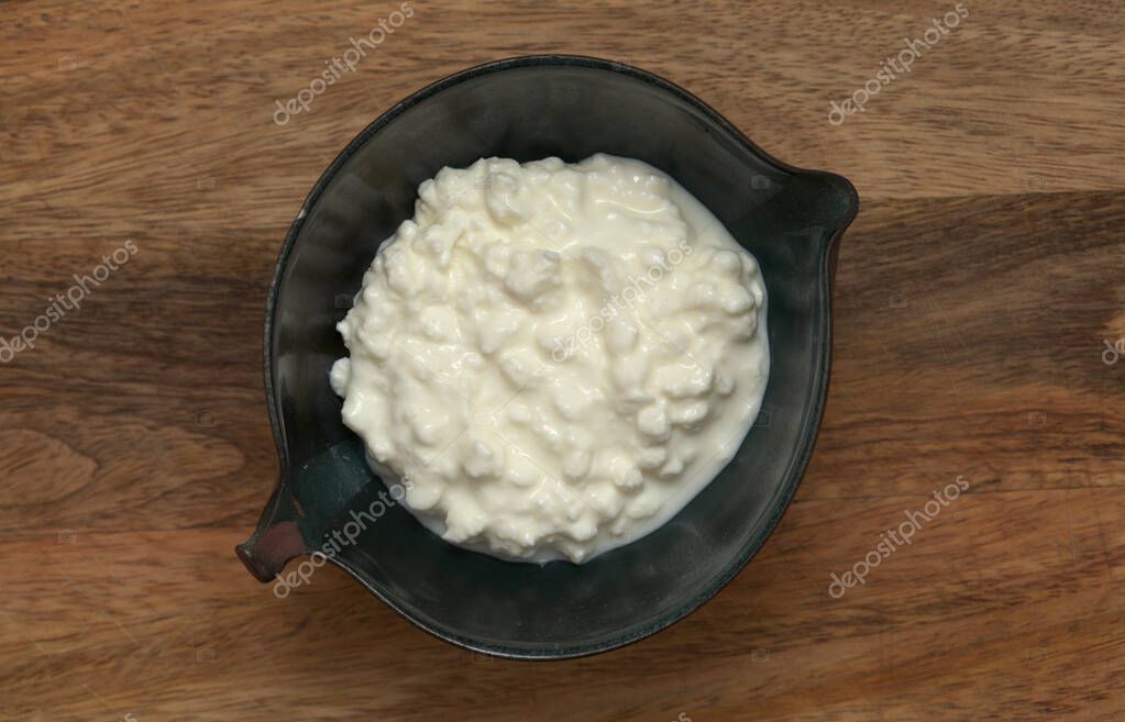 bodegón simple con requesón en un tazón de cerámica 2023