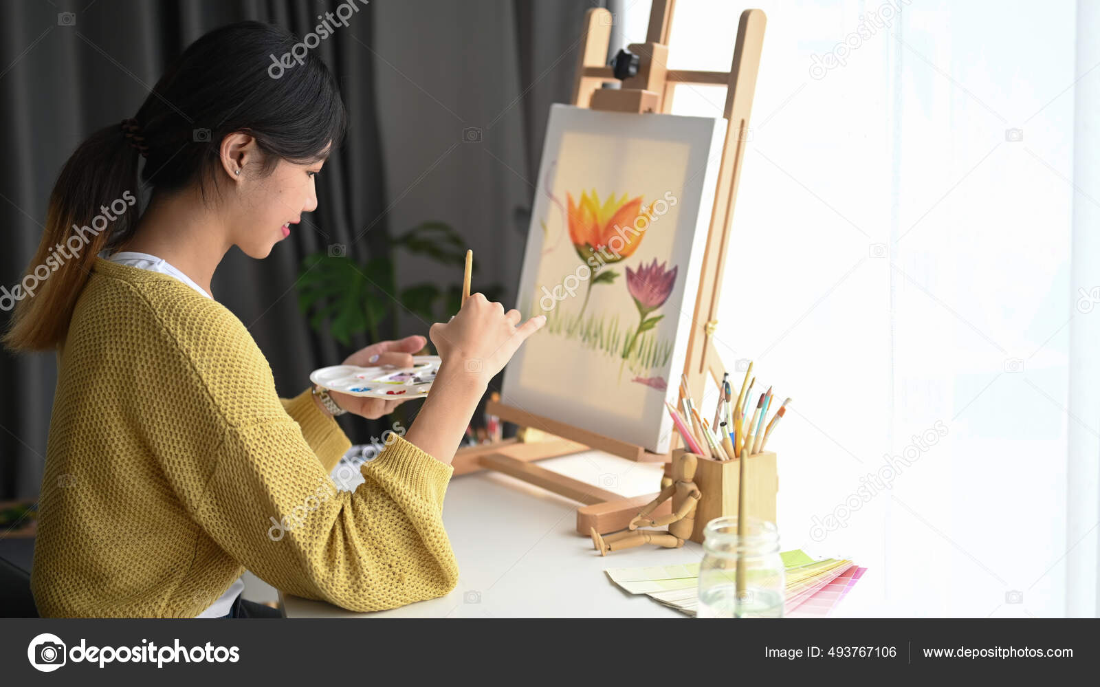 Pretty Talented Female Painter Palette Hands Painting Canvas Studio ...