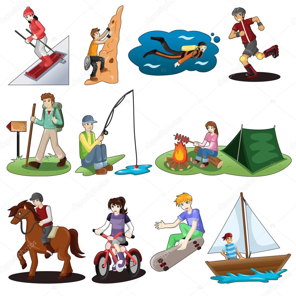 Personas activas haciendo actividades al aire libre — Vector de stock ...