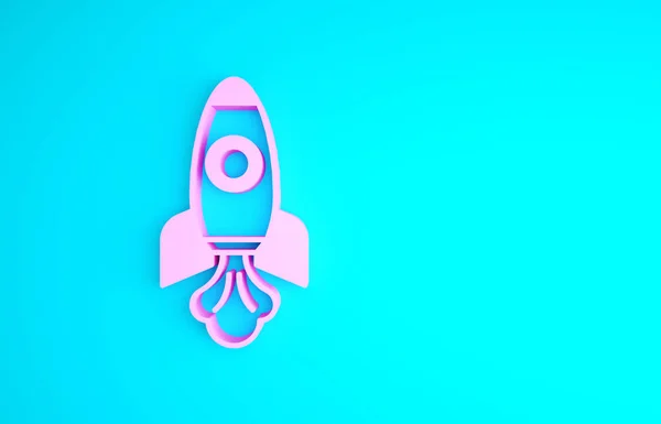 Pink Rocket ship icon isolated on blue background. Space travel ...