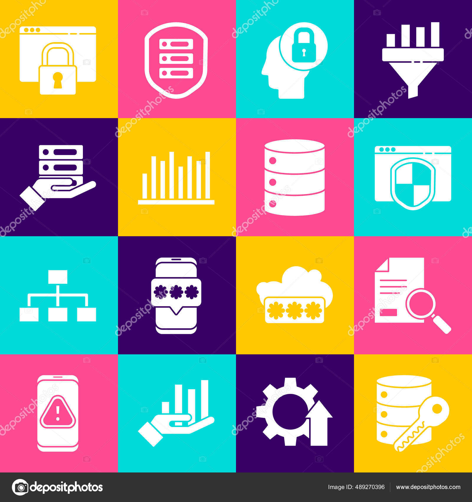 Set Server security with key, Document search, Browser shield, Human head lock, Pie chart ...