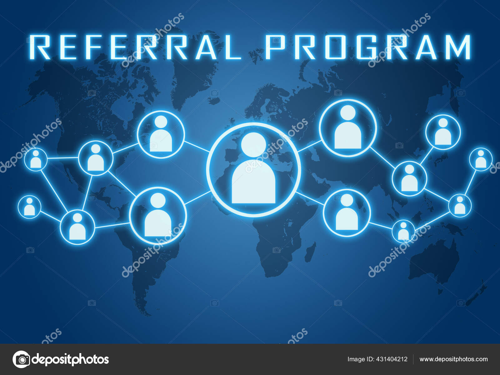 Referral Program Text Concept Blue Background World Map Social Icons ...