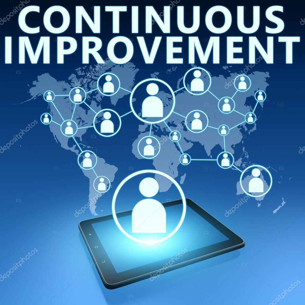 Continuous Improvement illustration with tablet computer on blue ...