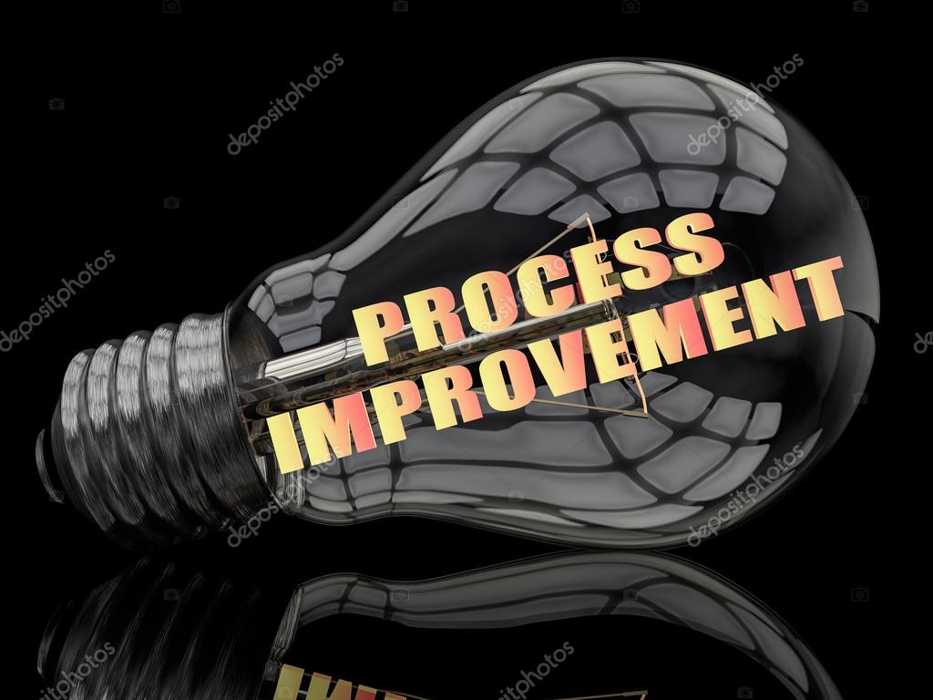 Process Improvement - lightbulb on black background with text in it. 3d ...