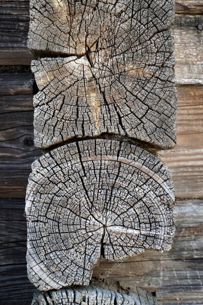 Los extremos de troncos viejos en el marco de un edificio residencial ...