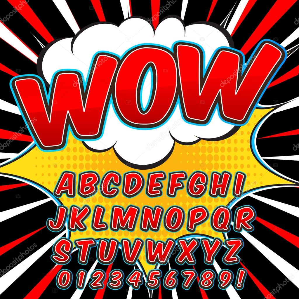 Creative high detail comic font. Alphabet in the style of comics, pop ...