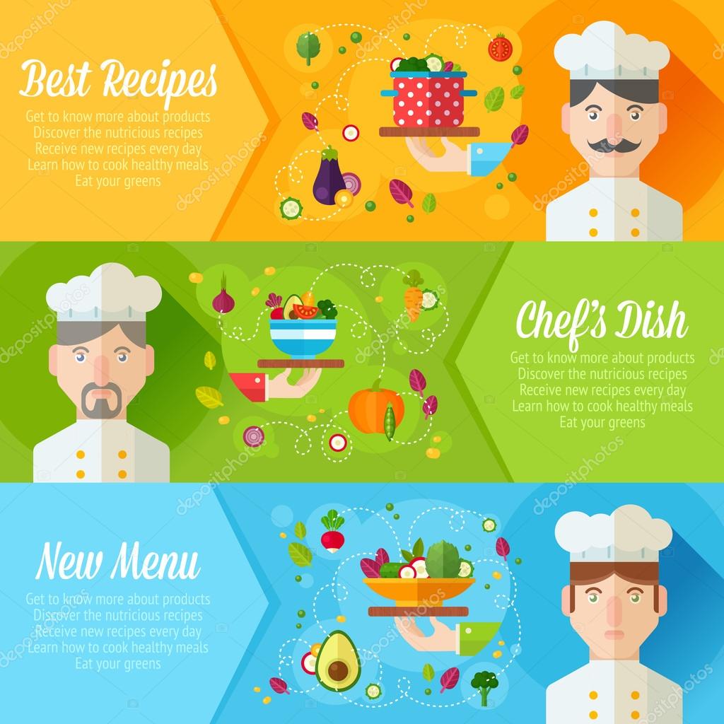 Set of banners with flat cook portraits and dish icons Stock Vector by ...