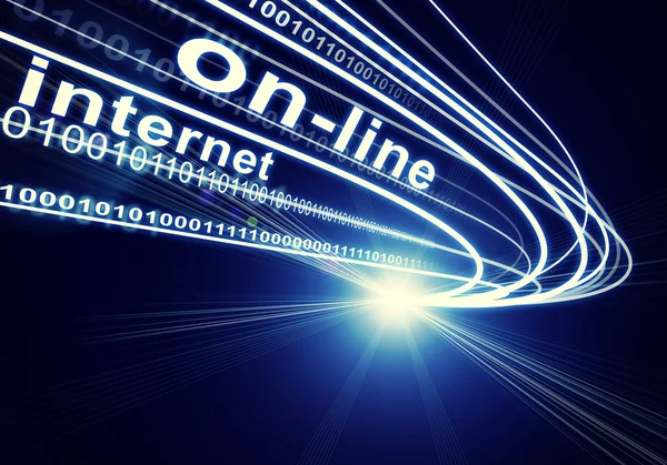 Stream of light beams, digits and words on-line, internet on dark ...