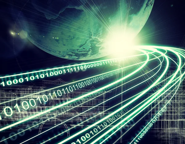 Earth, wire-frame buildings, light beams, digits on dark background ...