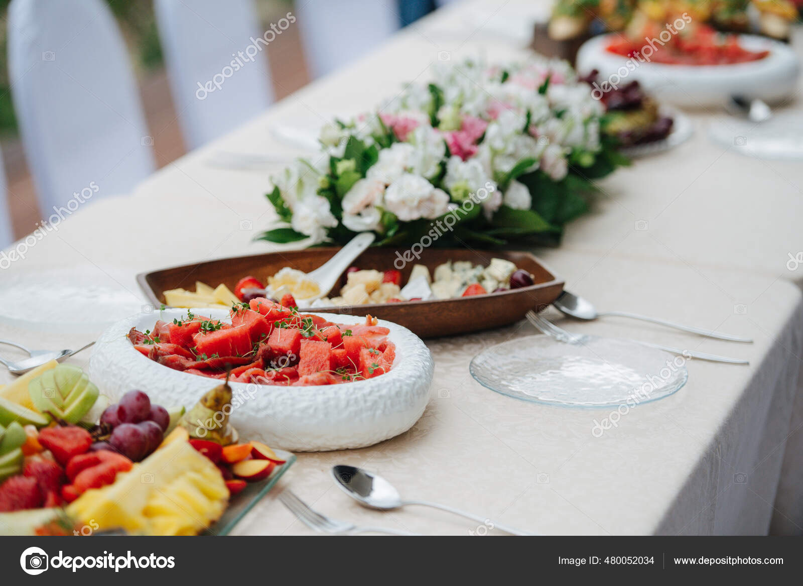 Variety Fuits Meats Served Big Narrow Dining Table Wooden Glass — Stock ...
