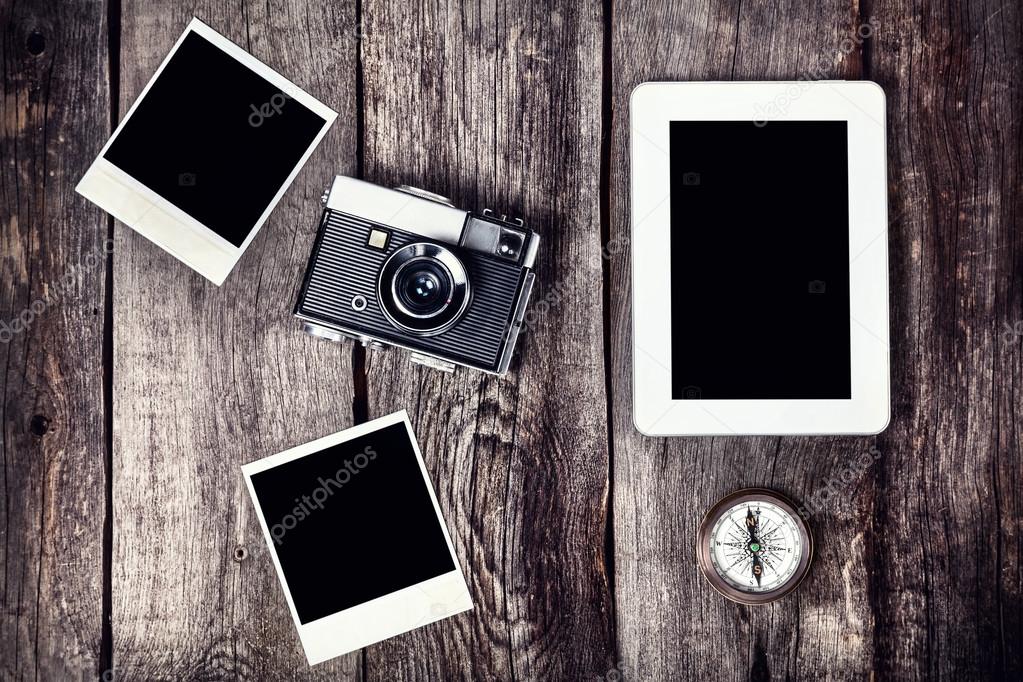 Camera, tablet and photos — Stock Photo © byheaven #80064764