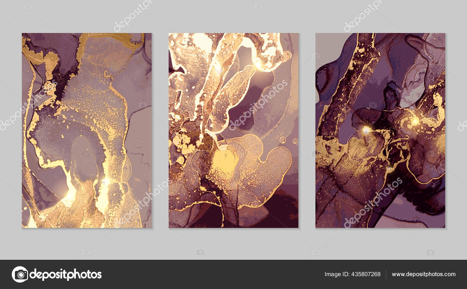 Set of violet, and gold marble abstract patterns. Alcohol ink technique ...