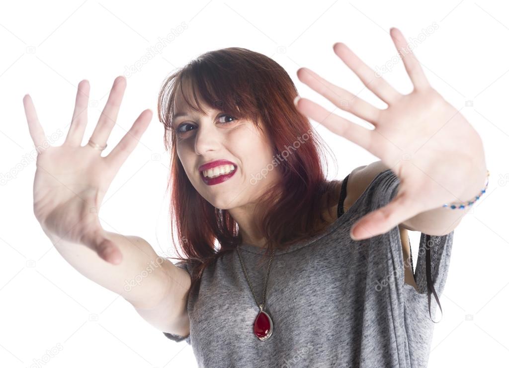 Scared woman making stop gesture sign on hands Stock Photo by ©vlue ...