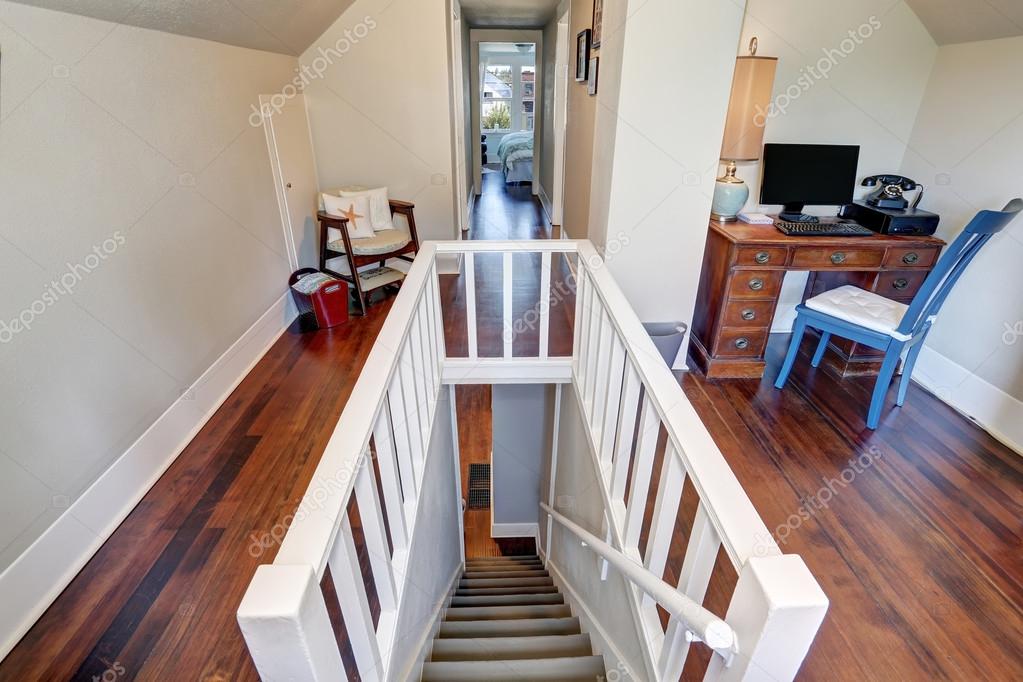 Hallway interior on the second floor. Top view downstairs. Hardwood ...