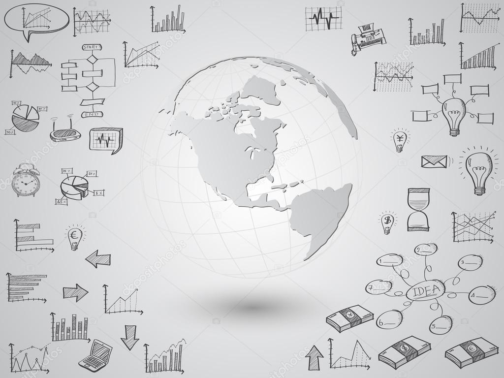 Business world map globe with creative doodle graph and chart, Vector ...