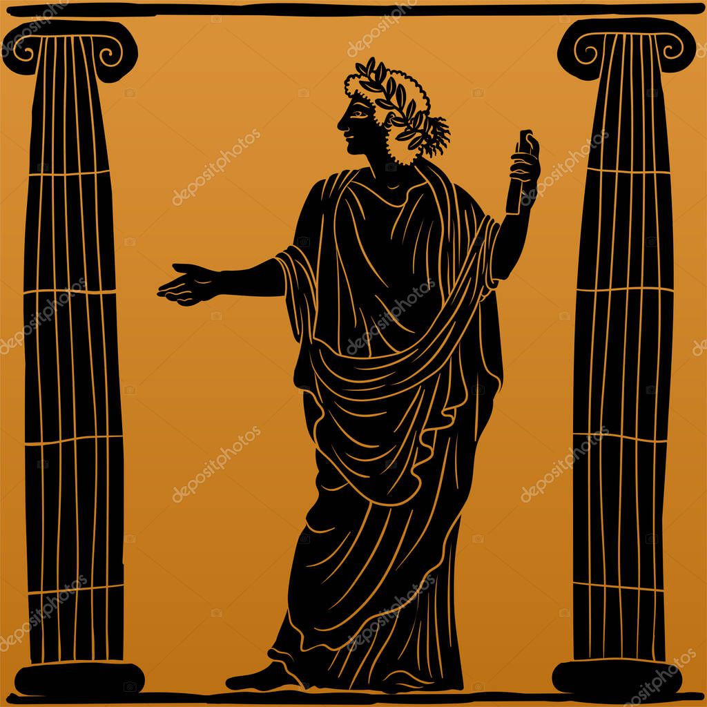 Un joven en una antigua túnica griega con un pergamino de papiro en la ...