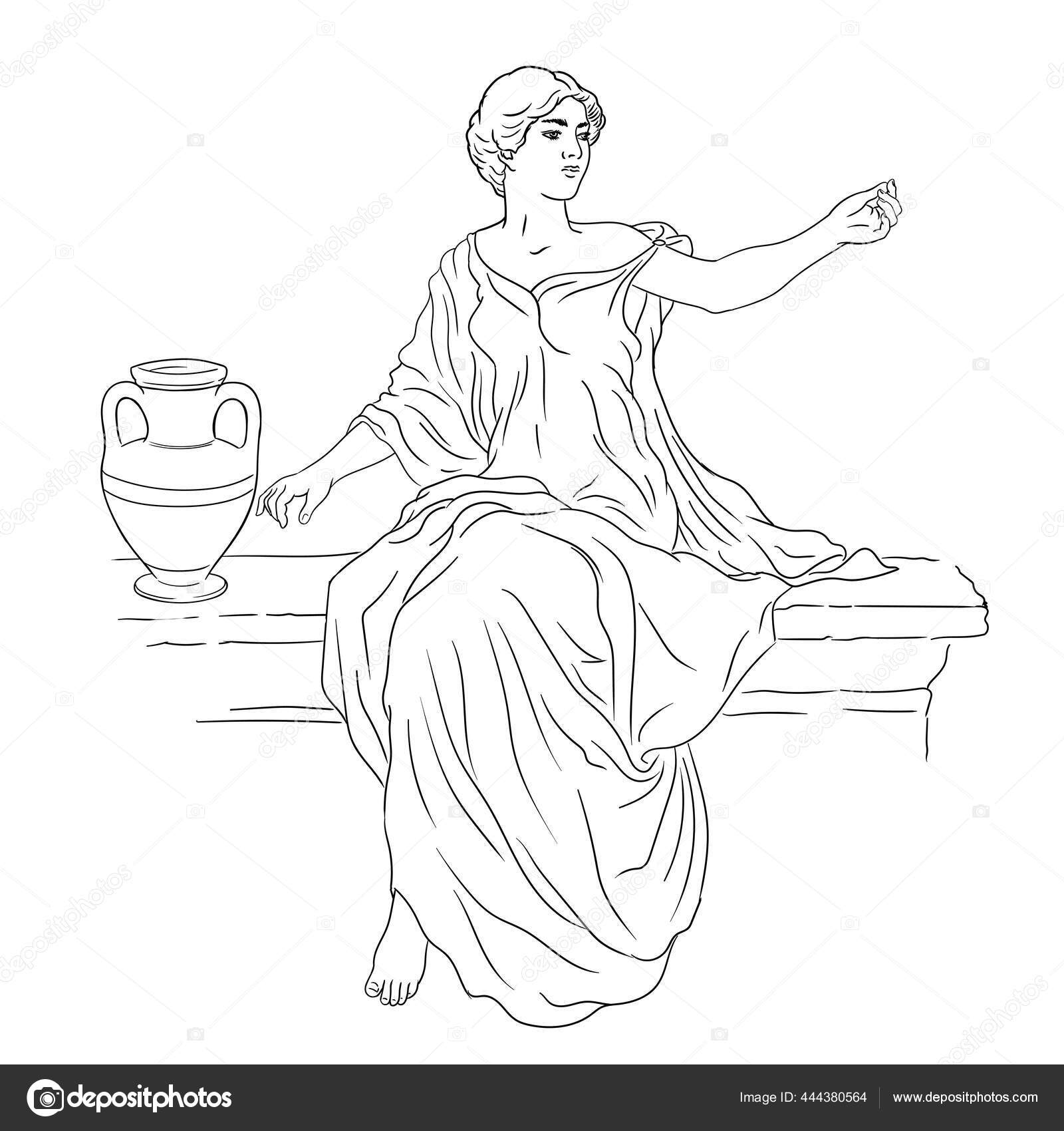 Young Slender Woman Ancient Greek Tunic Sits Stone Parapet Next Stock ...