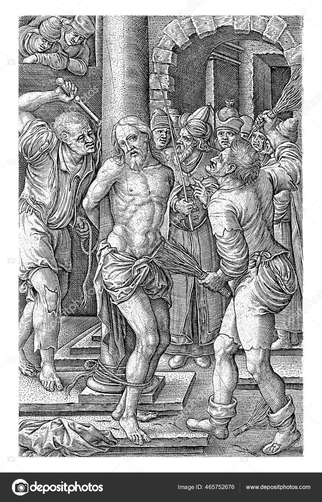 Christ Dressed Loincloth Tied Pillar Flogged Two Men One Rod Stock ...