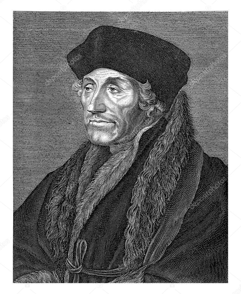 Portrait bust of the scholar Desiderius Erasmus. Below the portrait a ...