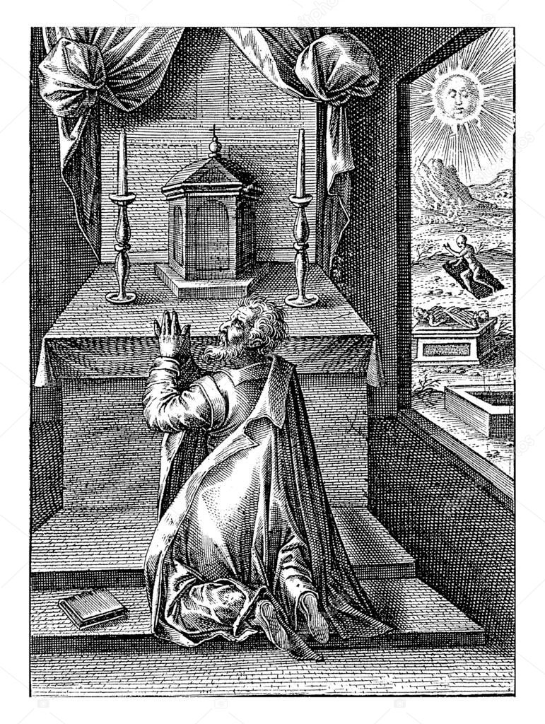 A praying man kneels before an altar. Next to him is a book and on the ...