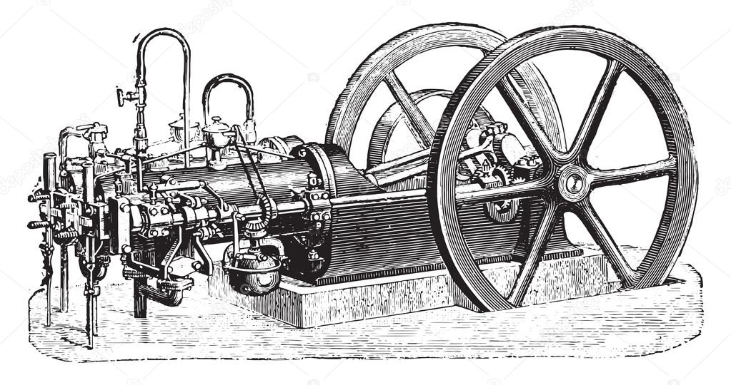 Type Otto engine, two coupled cylinders, vintage engraving. Stock ...