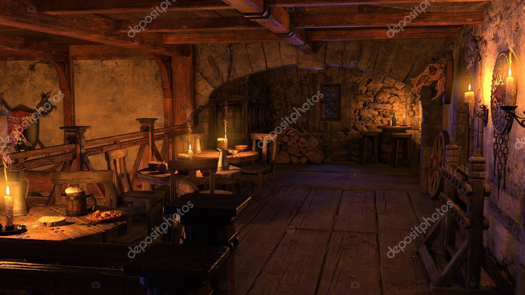 Representación en 3D de un interior de taberna medieval 2025