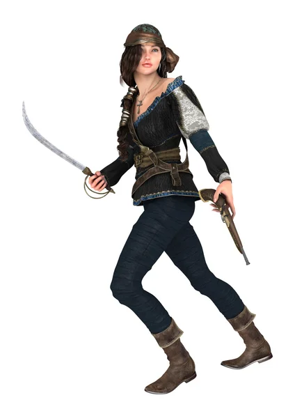 Sexy Pirate female posing with dual cutlass swords on an isolated white ...