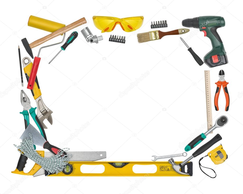 Top view of construction instruments and tools isolated on white ...
