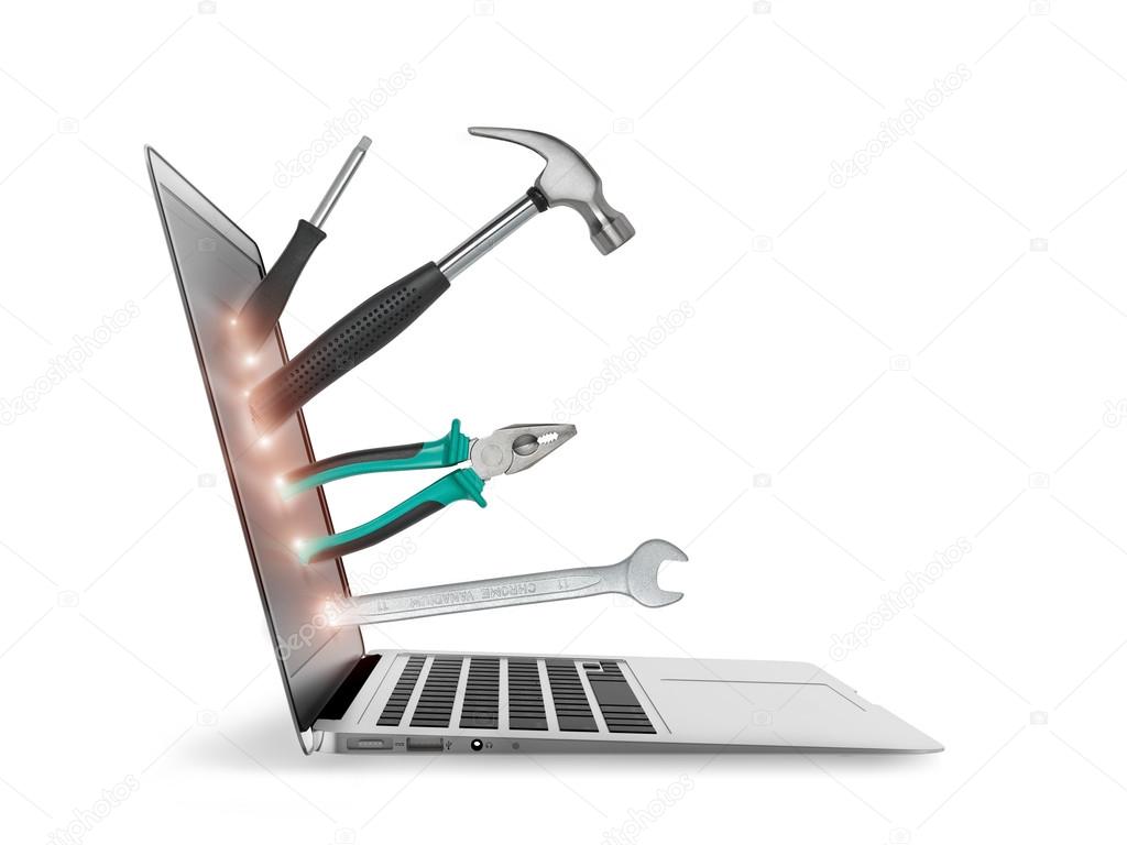 Open laptop with tools isolated on white background. Symbol of repair ...