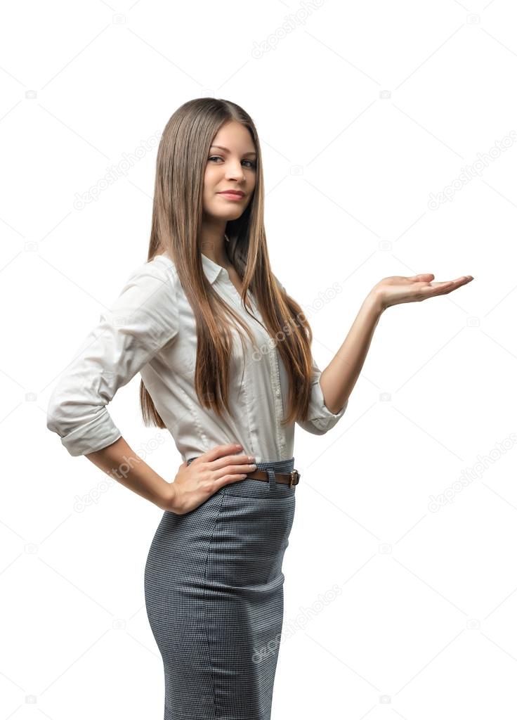 Cutout female model standing sideways raised her hand to present ...