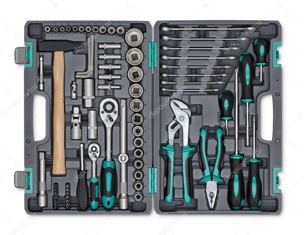 Close-up open toolbox. Construction instruments and tools Stock Photo ...