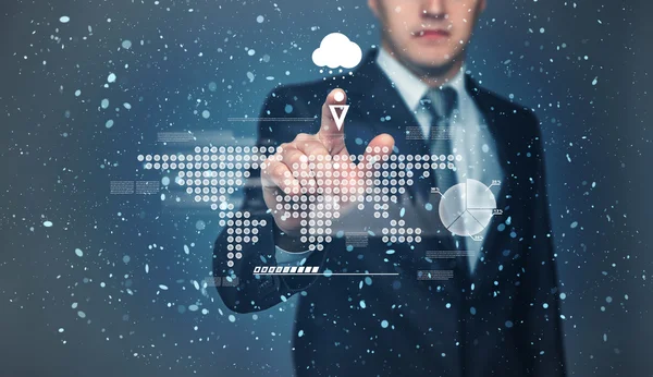 Businessman touching touch screen with projection of graphic world map ...